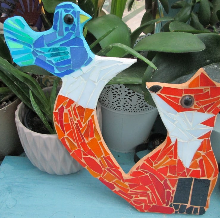 Mosaic Fox and Bluebird - Folksy