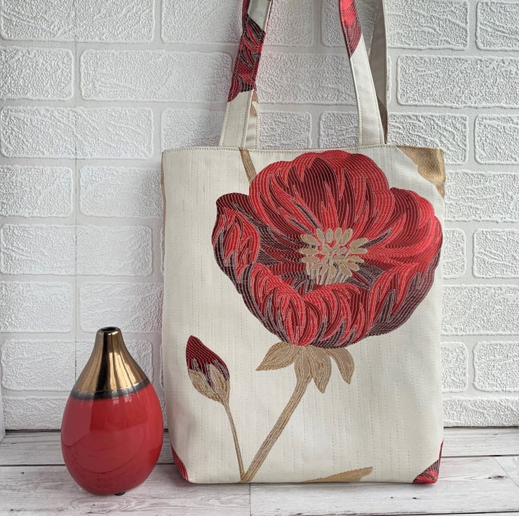 Cream tote bag with large red and gold flower - Folksy