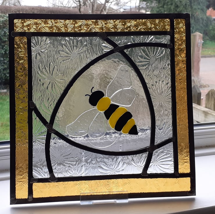 Leaded stained glass panel with fused glass bee... - Folksy