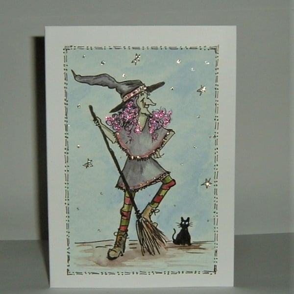 hand painted cartoon witch greetings card...( r... - Folksy