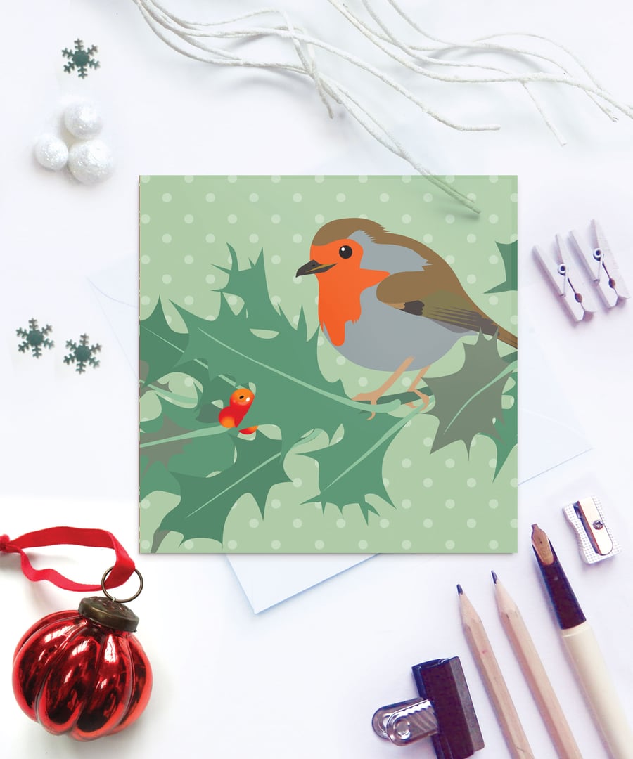 Robin and Holly Christmas Card - British Bird, ... - Folksy