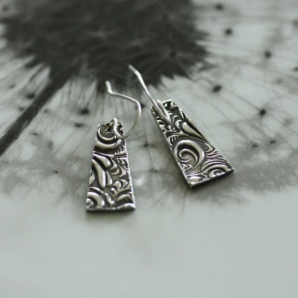 Fine silver long patterned earrings - Folksy
