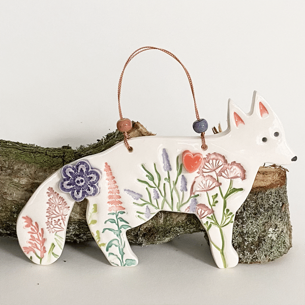 Ceramic fox decoration pink flowers - Folksy