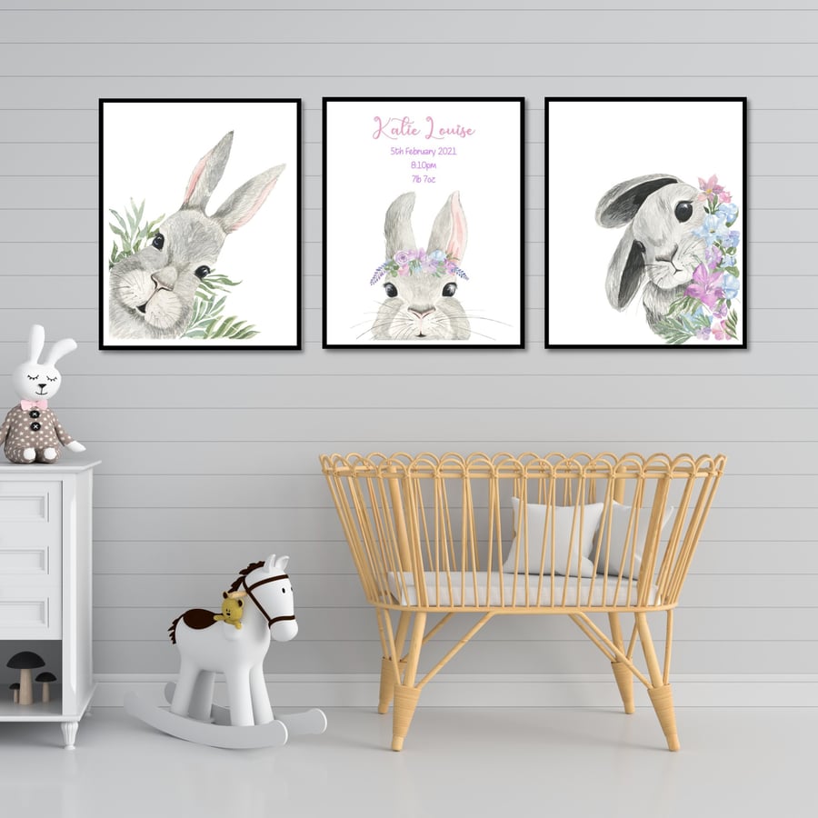 Set of 3 Personalised Bunny Rabbit Themed print... - Folksy