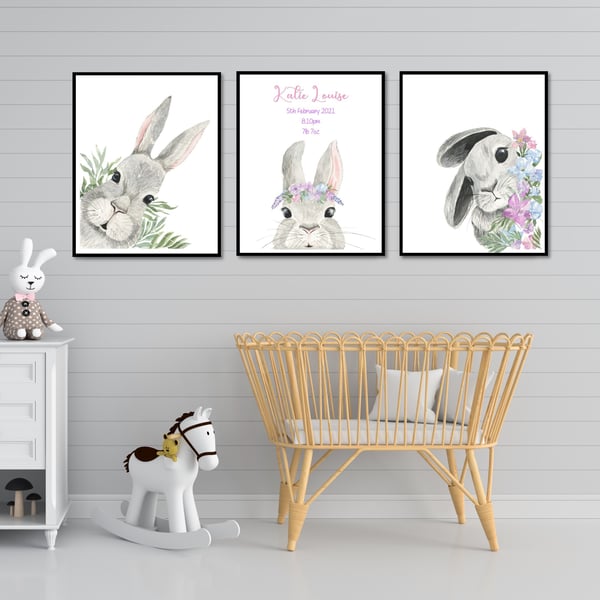 Set of 3 Personalised Bunny Rabbit Themed print... - Folksy