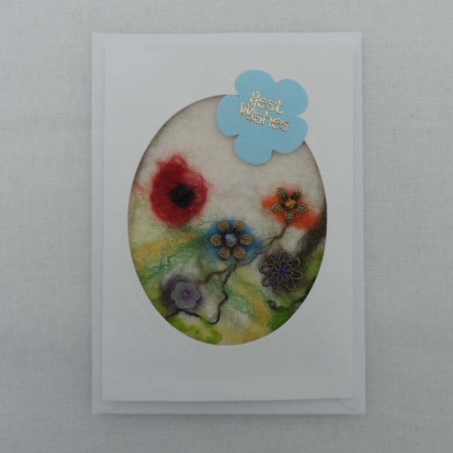 Greetings Card, felted with beaded flowers (ova... - Folksy