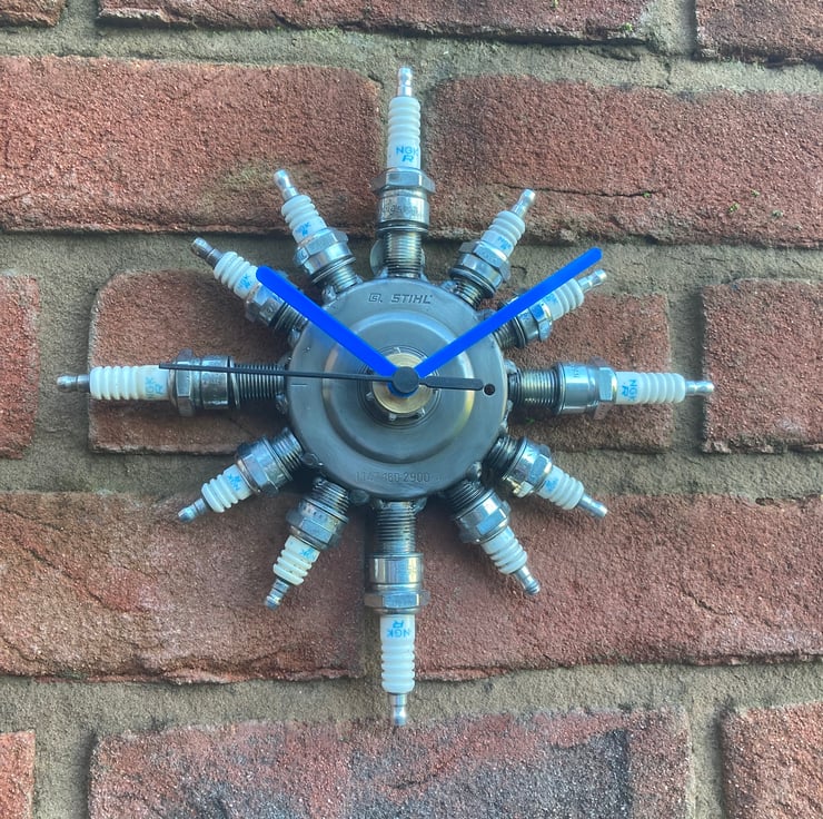 Sunburst Wall Clock, Repurposed Spark Plugs - Folksy