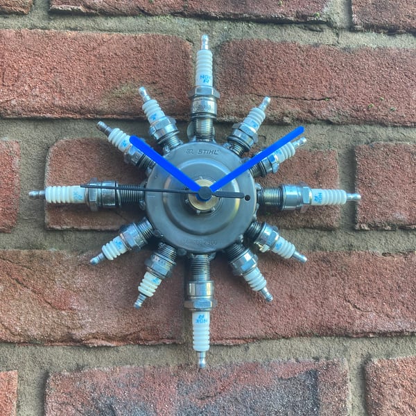 Sunburst Wall Clock, Repurposed Spark Plugs - Folksy