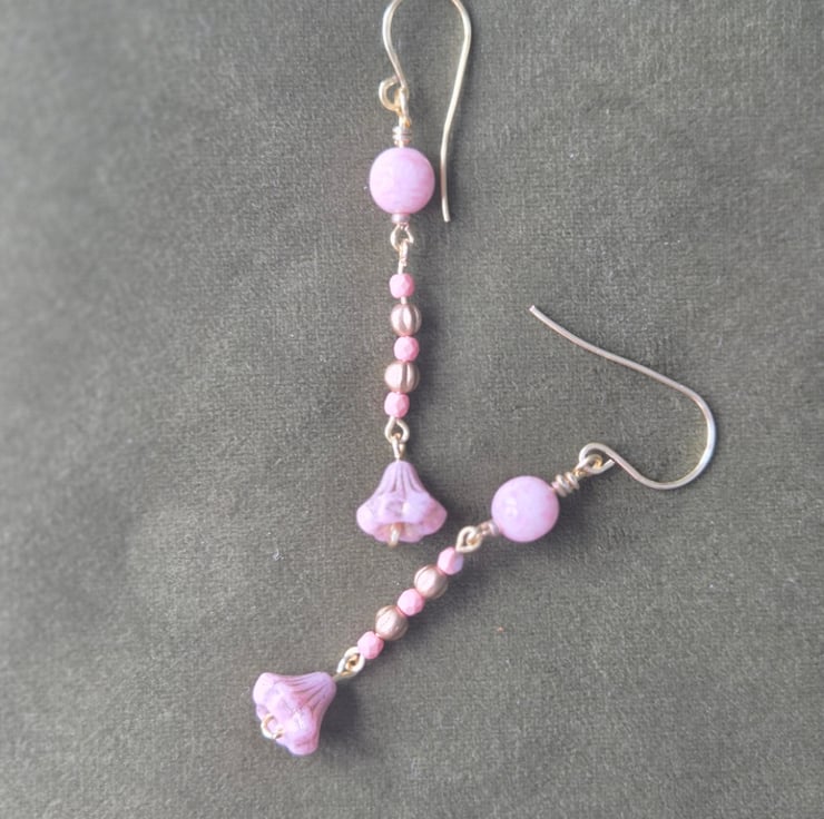 Pastel Pink Bell Flower Earrings, Gold Tone Be... - Folksy