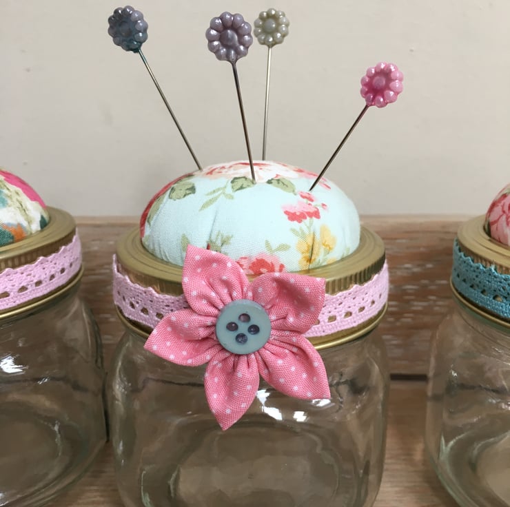Pin Cushion Jar with flower - Folksy