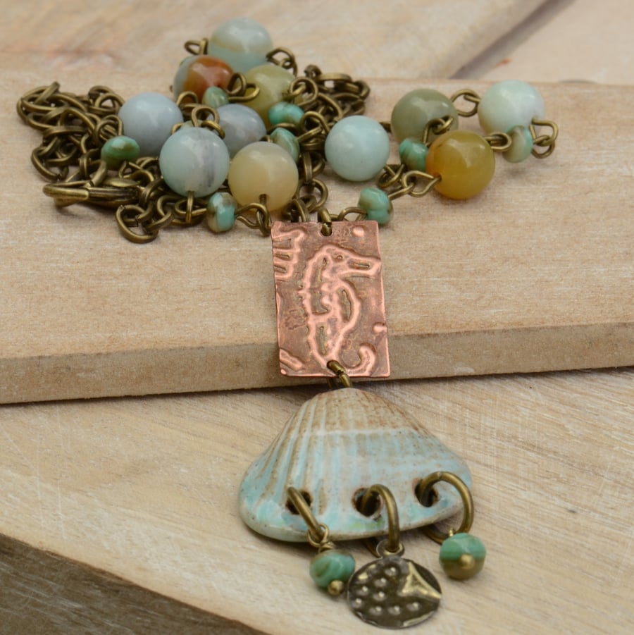 Ceramic Shell Pendant with Embossed Copper, Ama... - Folksy
