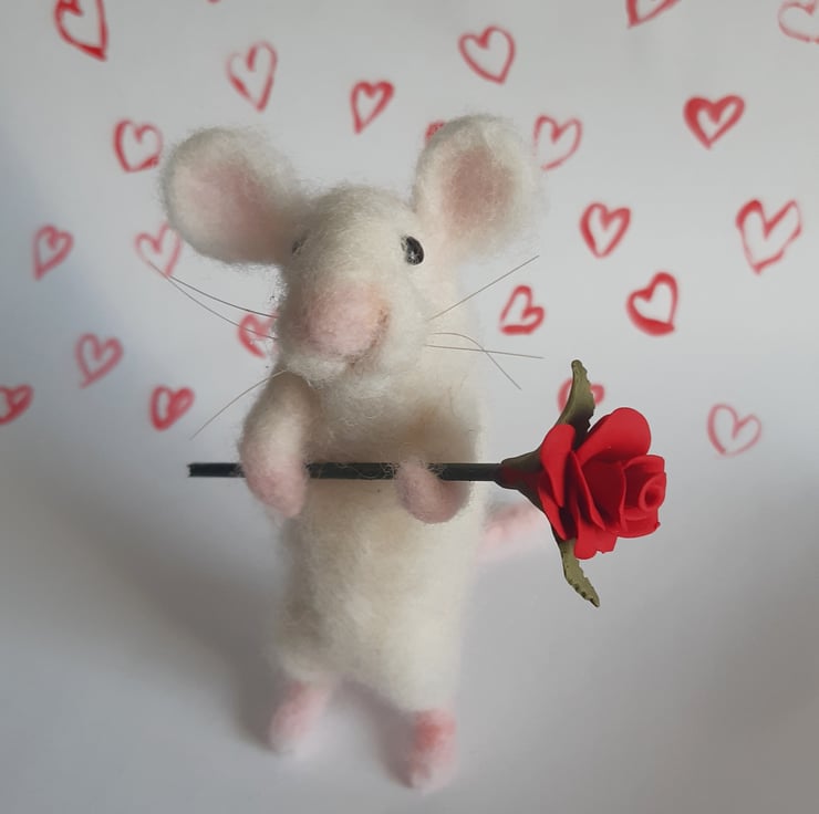 Mouse with rose, Needle felted white mouse, Val... - Folksy