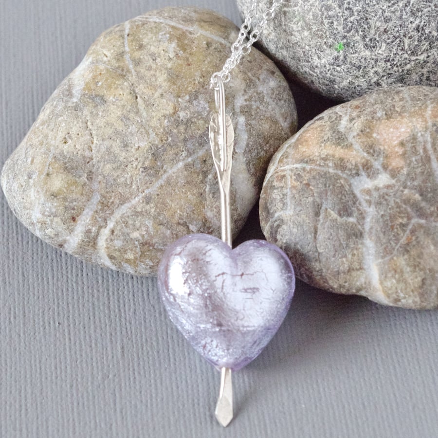 Cupid's Arrow Pale Violet Murano Heart Sterling... - Folksy