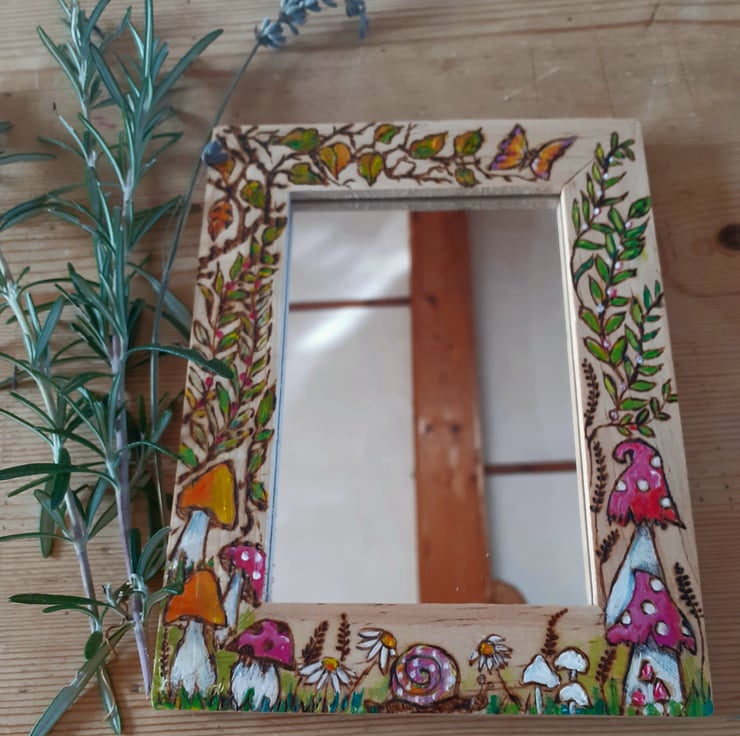 Handburned and painted decorative mirror - Folksy
