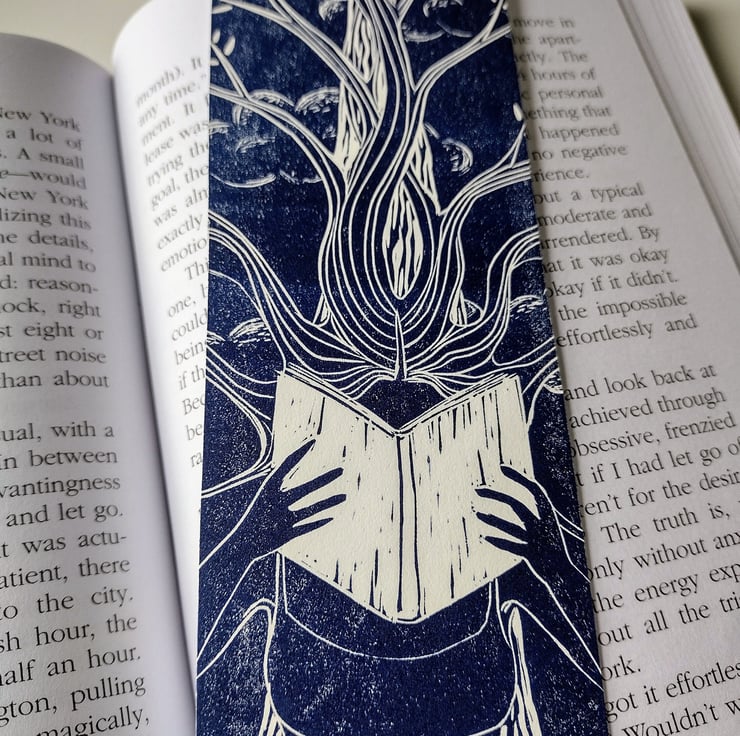 'Untamed' linocut bookmark in blue - Folksy