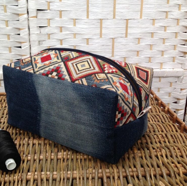 Recycled denim box pouch, make up bag, craft bag - Folksy
