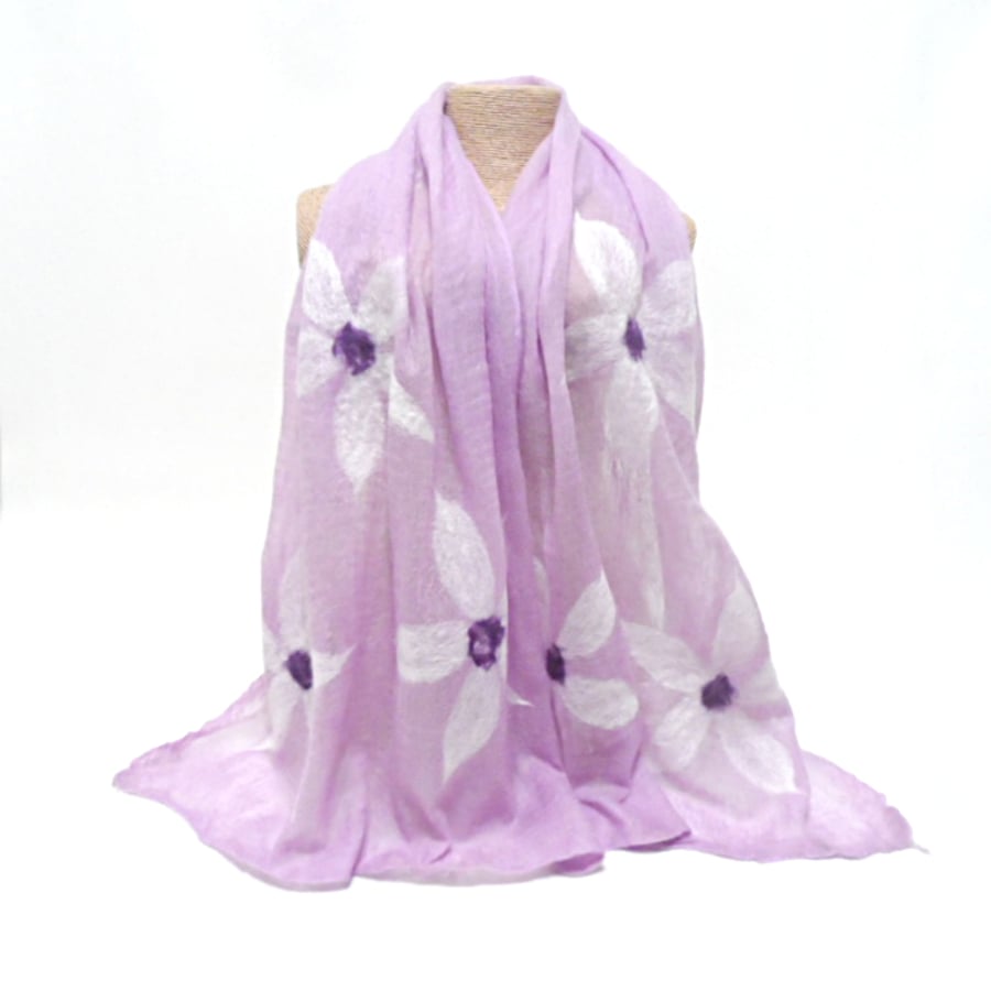 Lilac nuno felted scarf with large white flowers - Folksy