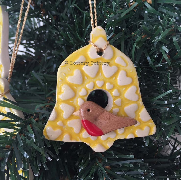 Ceramic Robin sitting on a bell Pottery robin C... - Folksy