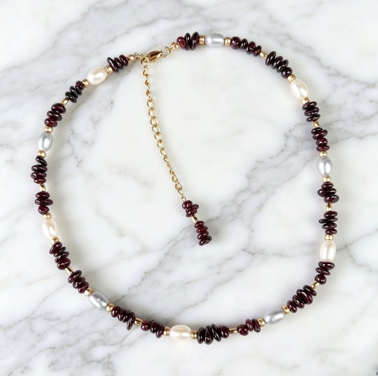 Garnet and Freshwater Pearl Necklace - Folksy
