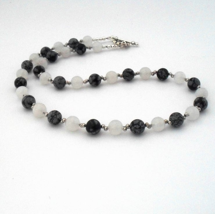 Snowflake obsidian & white jade necklace - Folksy