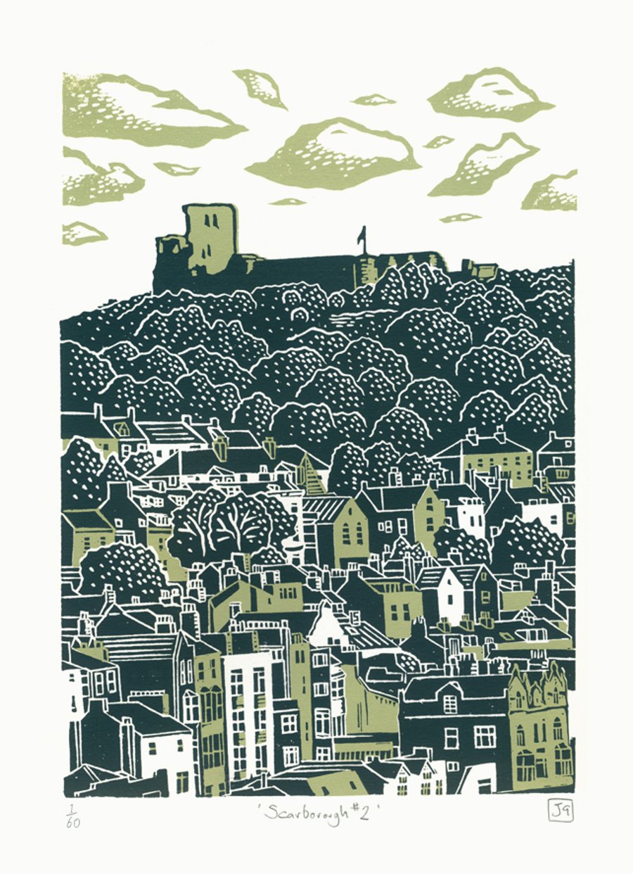 Scarborough No.2 two-colour A3 linocut screen-p... - Folksy