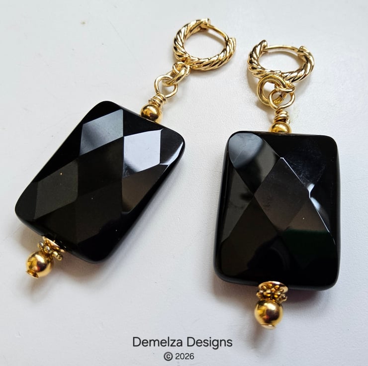 Black Onyx Gold Plate Huggie Earrings - Folksy