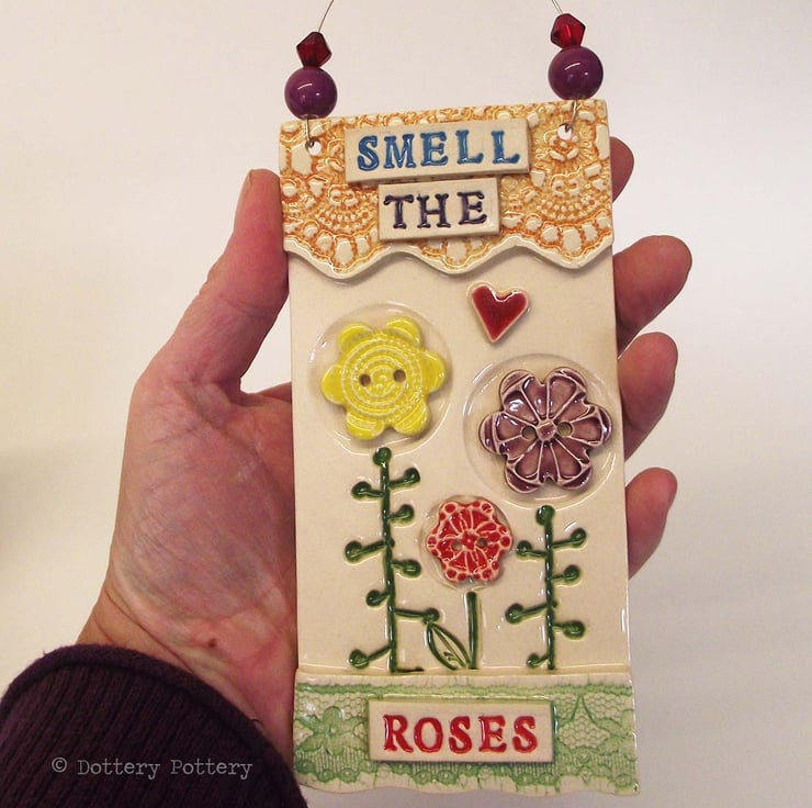 Ceramic wall plaque Smell The Roses. Pottery ti... - Folksy