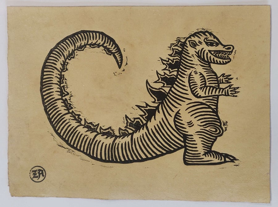 Medieval Godzilla woodcut print - Folksy