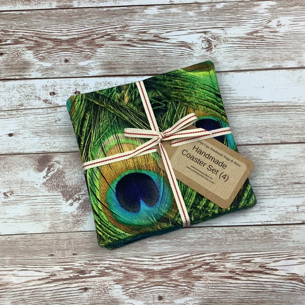 Peacock feather coaster set, Fabric coaster set... - Folksy