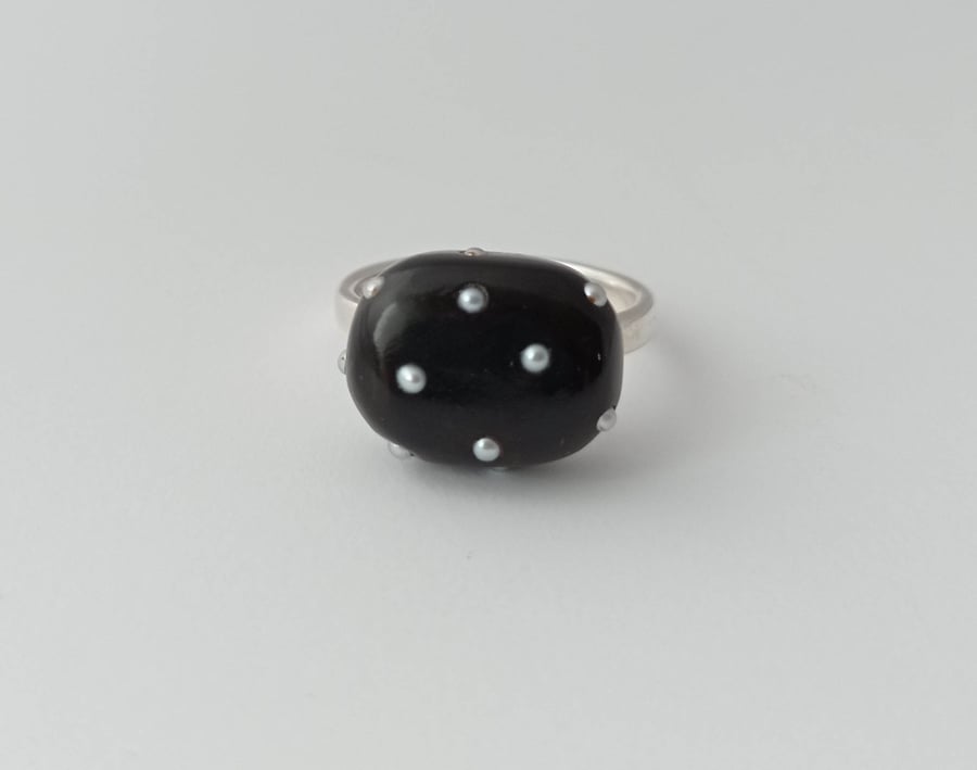 Sterling silver Whitby Jet pearl set ring - Folksy