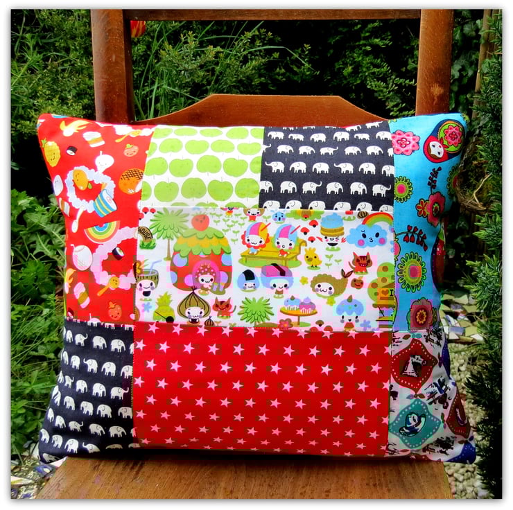 Vibrant patchwork cushion, complete with inner ... - Folksy
