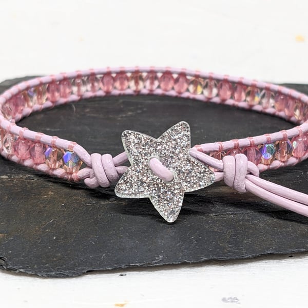 Christmas pink leather and Czech glass bead bra... - Folksy