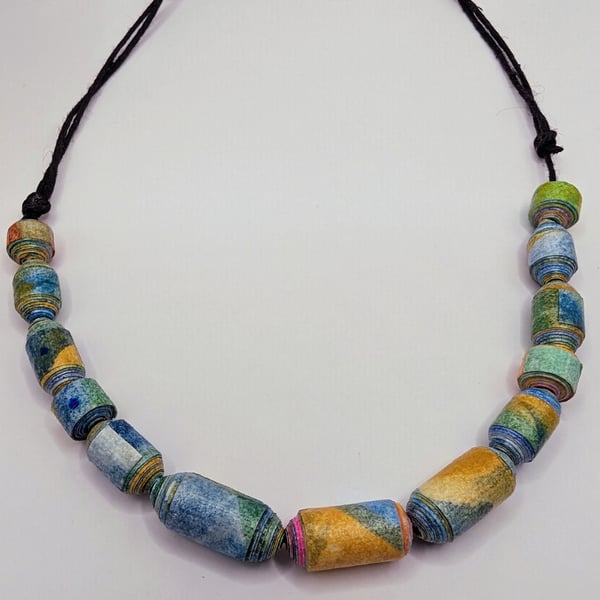 Multi blue paper bead necklace - Folksy