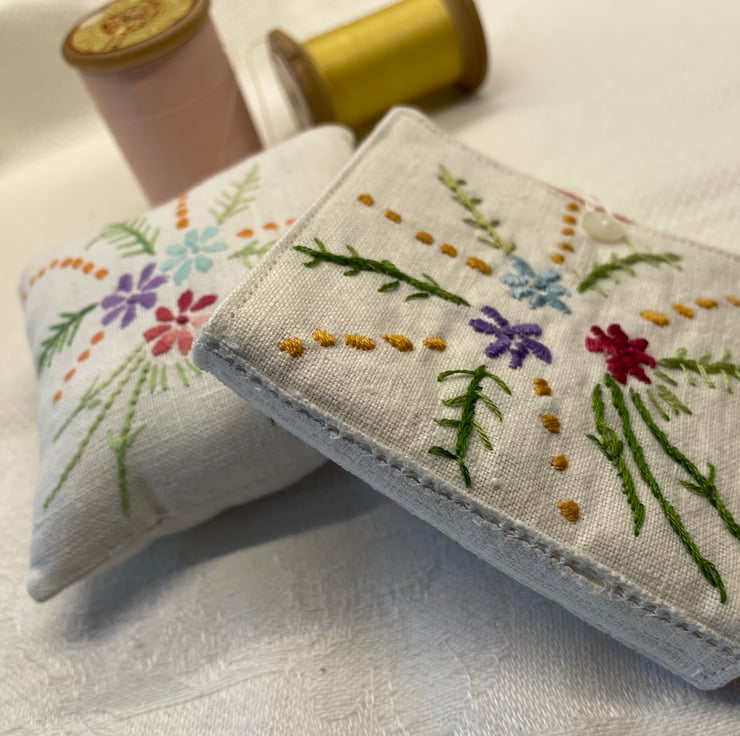 Hand embroidered Pincushion and needlecase set - Folksy