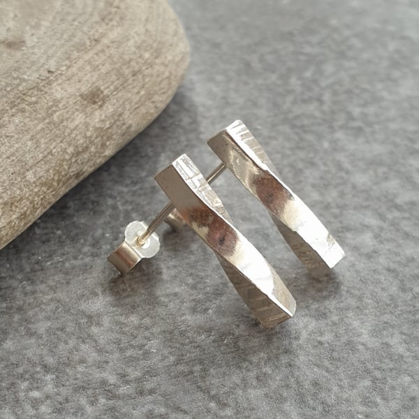 Silver bar studs, Twisted earrings, Minimalist ... - Folksy