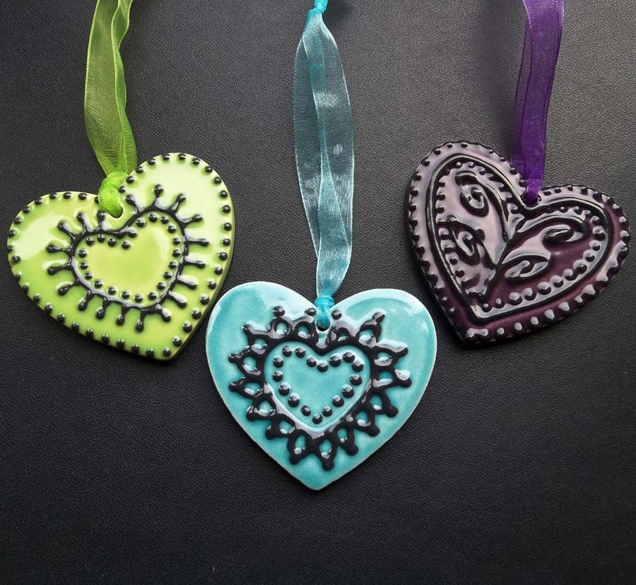 Set of three ceramic heart decorations - Folksy