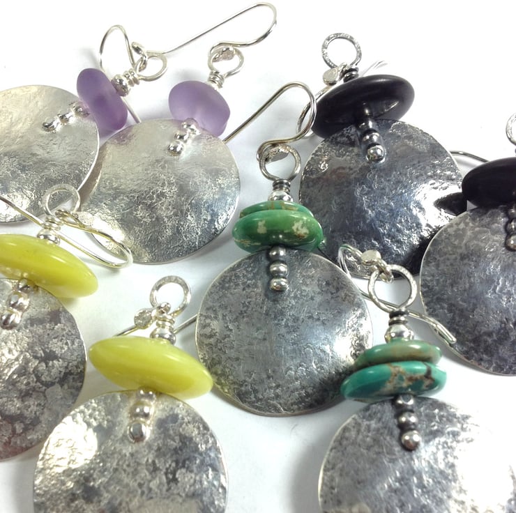Large round silver and chartreuse stone earrings - Folksy