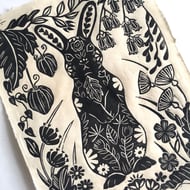 Rabbit and Flowers lino print, original art pri... - Folksy