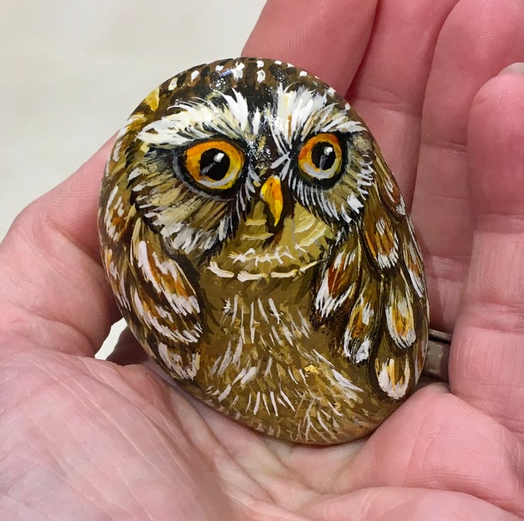 Owl hand painted pebble garden rock pet wildlif... - Folksy