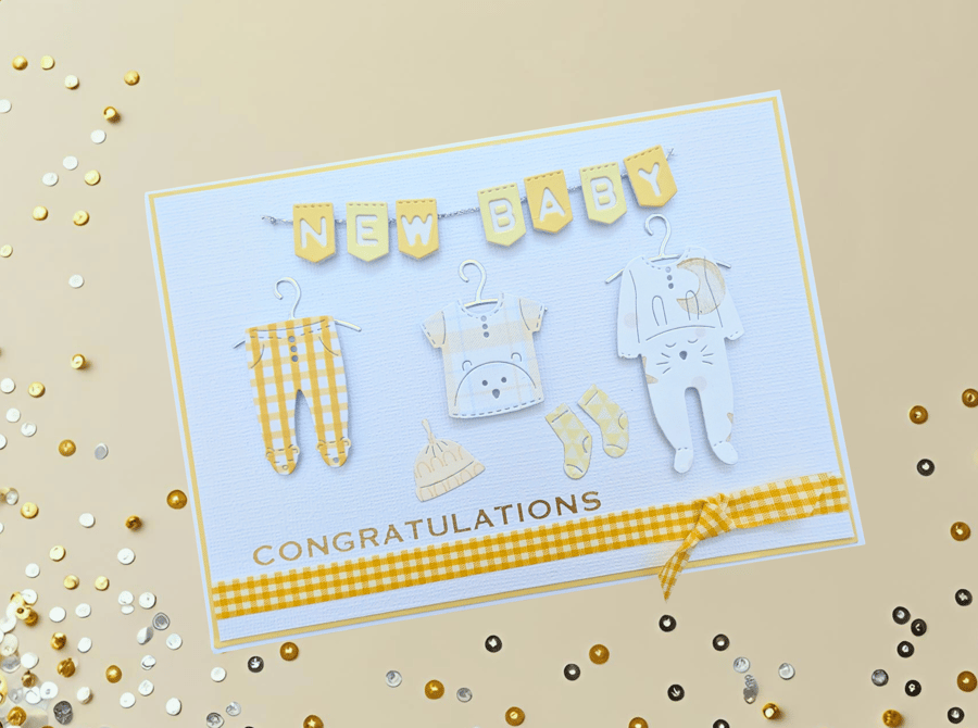 Yellow Baby Clothes New Baby Congratulations Card - Folksy