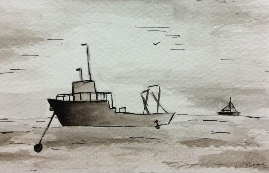 Waiting for the tide- original watercolour, pen... - Folksy Waiting for the tide- original watercolour, pen... - Folksy