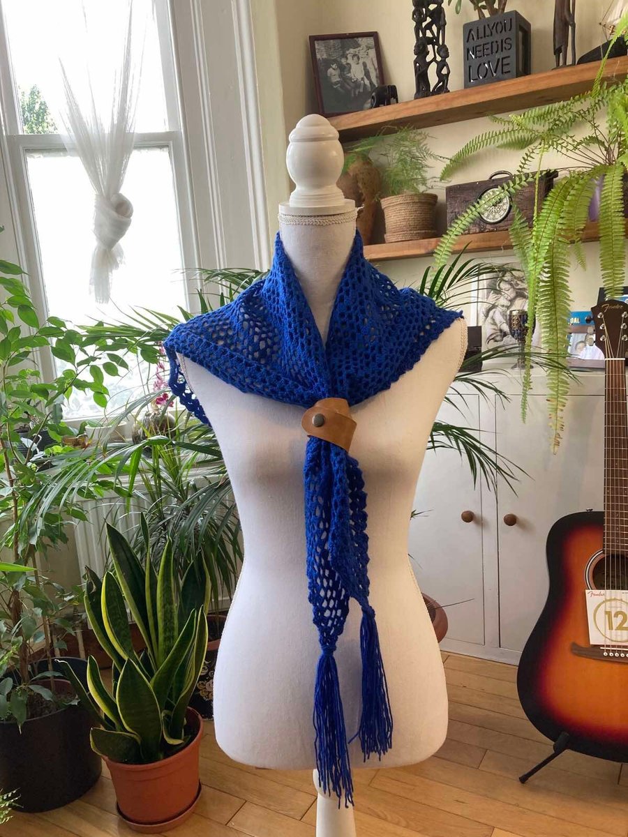Alize Hand Crochet Blue Triangle Shawl - Bulky ... - Folksy