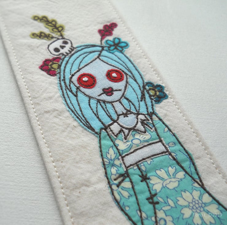 free motion embroidered zombie fabric bookmark ... - Folksy