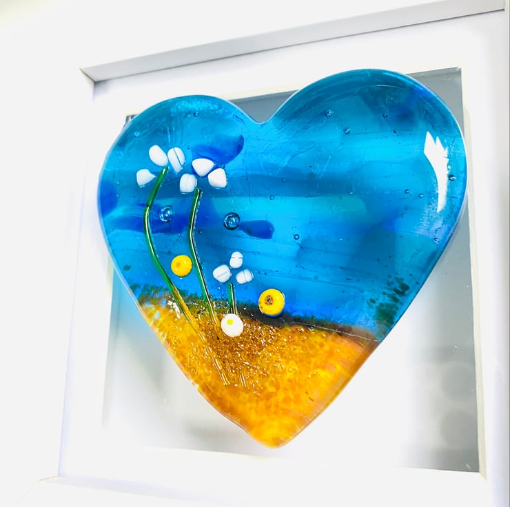 Cast fused glass heart in a box frame - seascape - Folksy