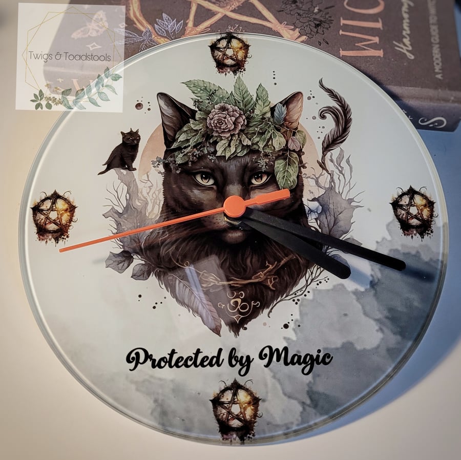 Black cat magic glass clock - Folksy