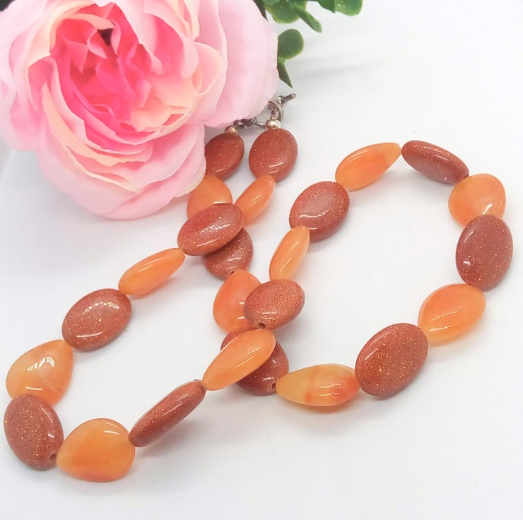 Golden Sunstone and Amber Glass Bead 3 Piece Je... - Folksy