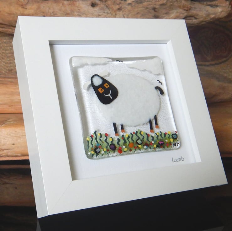 Handmade Fused Glass 'White Sheep' Picture - Folksy