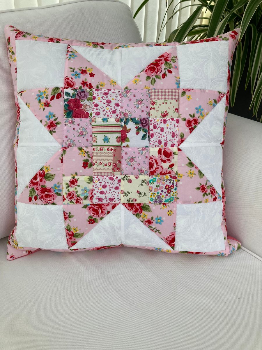 Handmade Patchwork Cushion. Rose Pink and White... - Folksy
