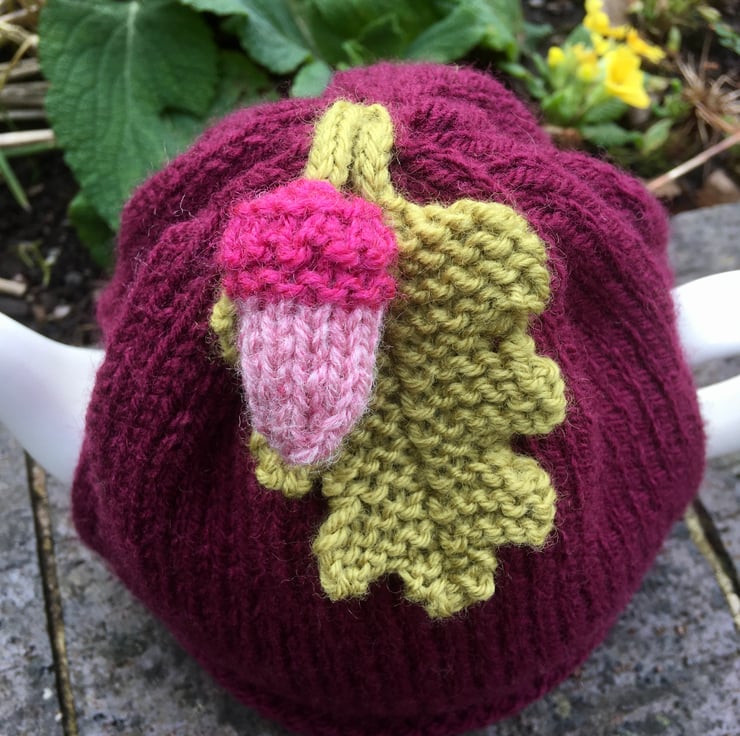 Dark Pink Autumn Tea Cosy, Acorn and Oak Leaf - Folksy