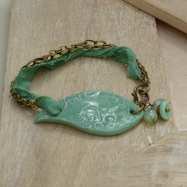 Pale Green Ceramic, Antique Bronze Chain and Gr... - Folksy